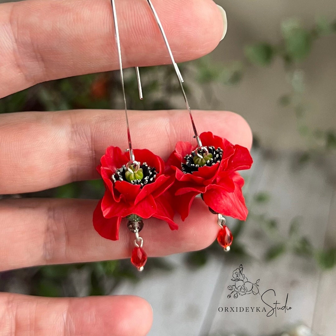 Handmade Polymer Clay Realistic Red Poppies Long Dangle Earrings ...