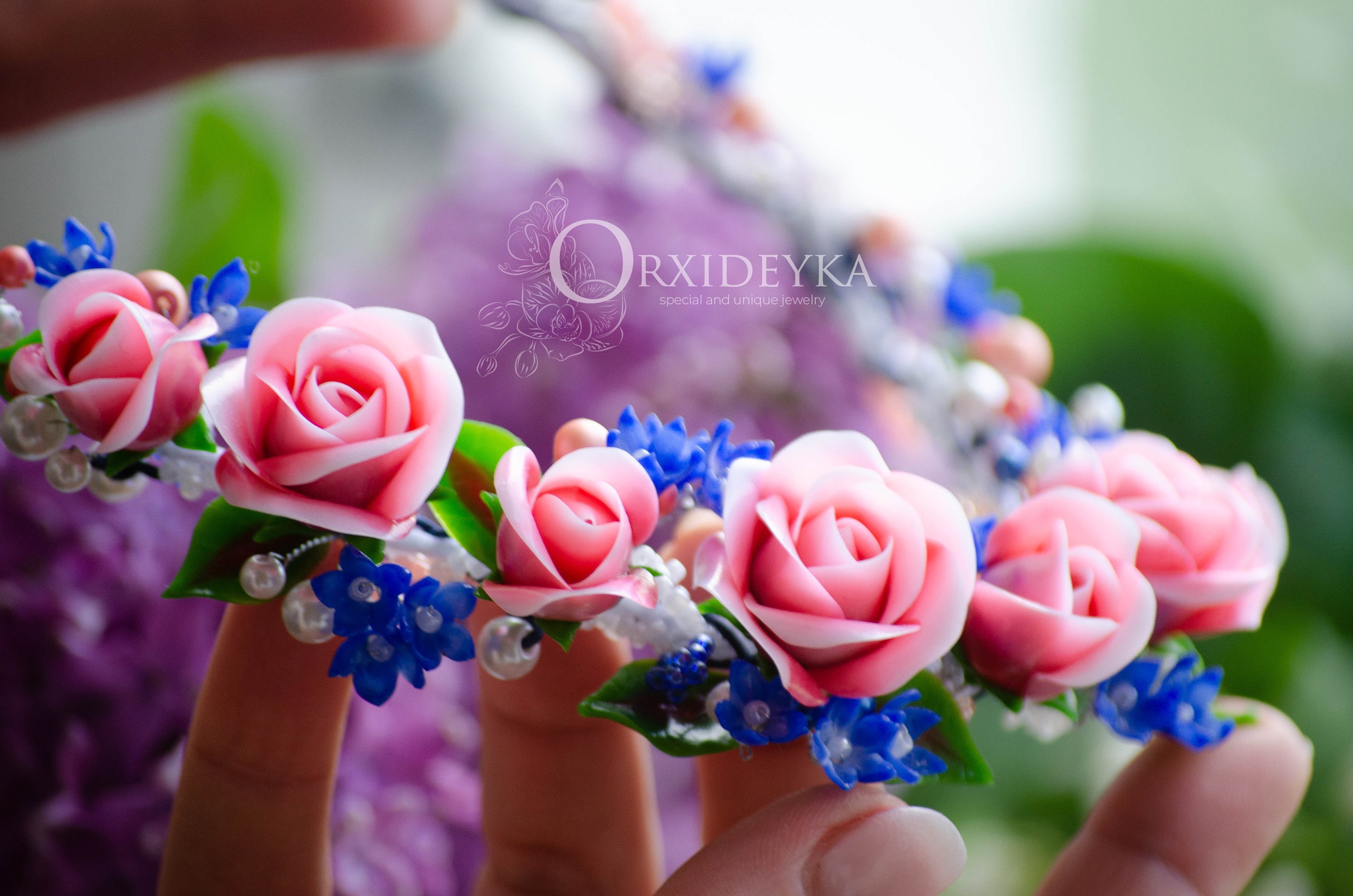 Rose jewelry set pink blue rose necklace rose earrings | Etsy