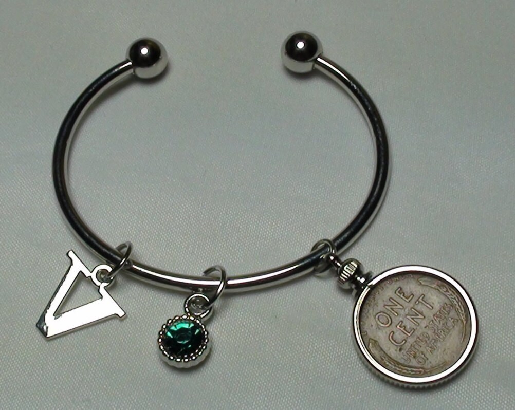 WHEAT BACK Penny Charm Bezel Bangle Bracelet With Initial and - Etsy