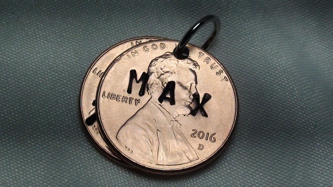 2 Dog Tags, Two Lucky Penny Charms Stamped With Pets NAME and PHONE ...