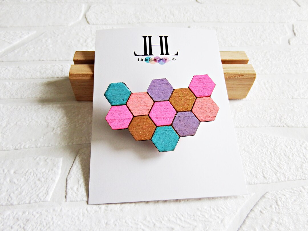 Wooden Brooch, Honeycomb, Polygon, Neon Pink, Violet, Gold, Teal ...