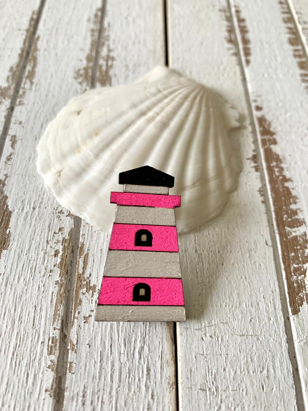 Wooden Lighthouse Brooch, Striped in Neon Pink and White - Etsy