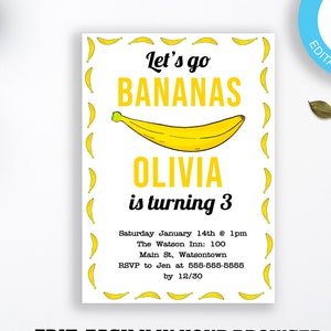 Let's Go Bananas Editable Banana Birthday Invitation 5x7, Templett - Etsy
