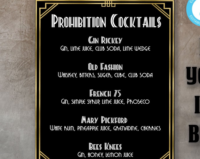 Great Gatsby Art Deco Drink Menu Template, PROHIBITION COCKTAILS Sign ...