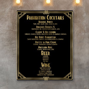Art Deco Cocktails Menu, Custom Cocktail Menu, Prohibition Drinks Menu ...
