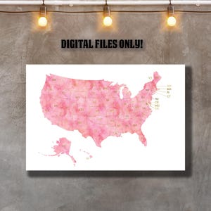 Blush Pink USA Map: Gold State Names, Watercolor Art (digital Download ...