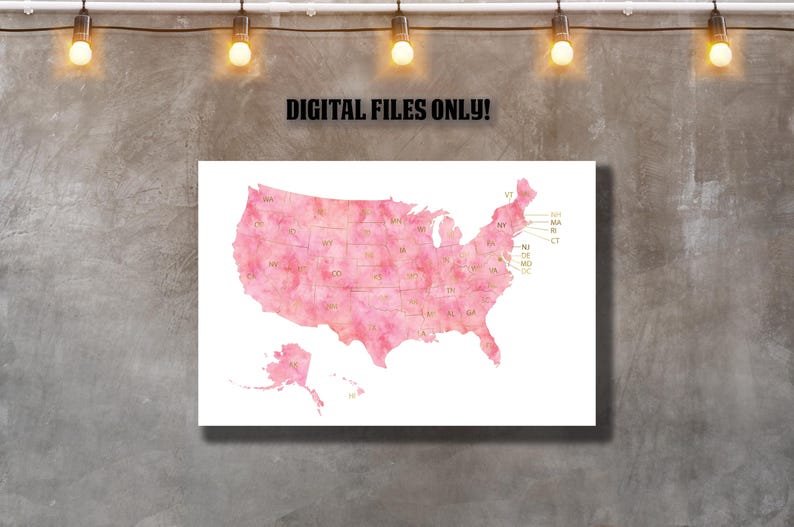 Blush Pink USA Map: Gold State Names, Watercolor Art (digital Download ...