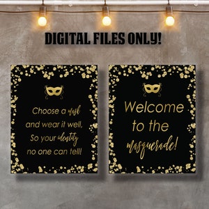 Masquerade Party Signs: Black & Gold Confetti Decor (digital Download ...