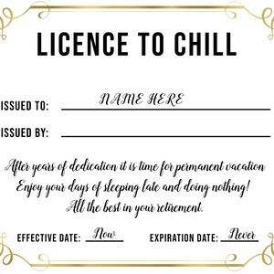 License to Chill Retirement Certificate: Editable Template (digital ...