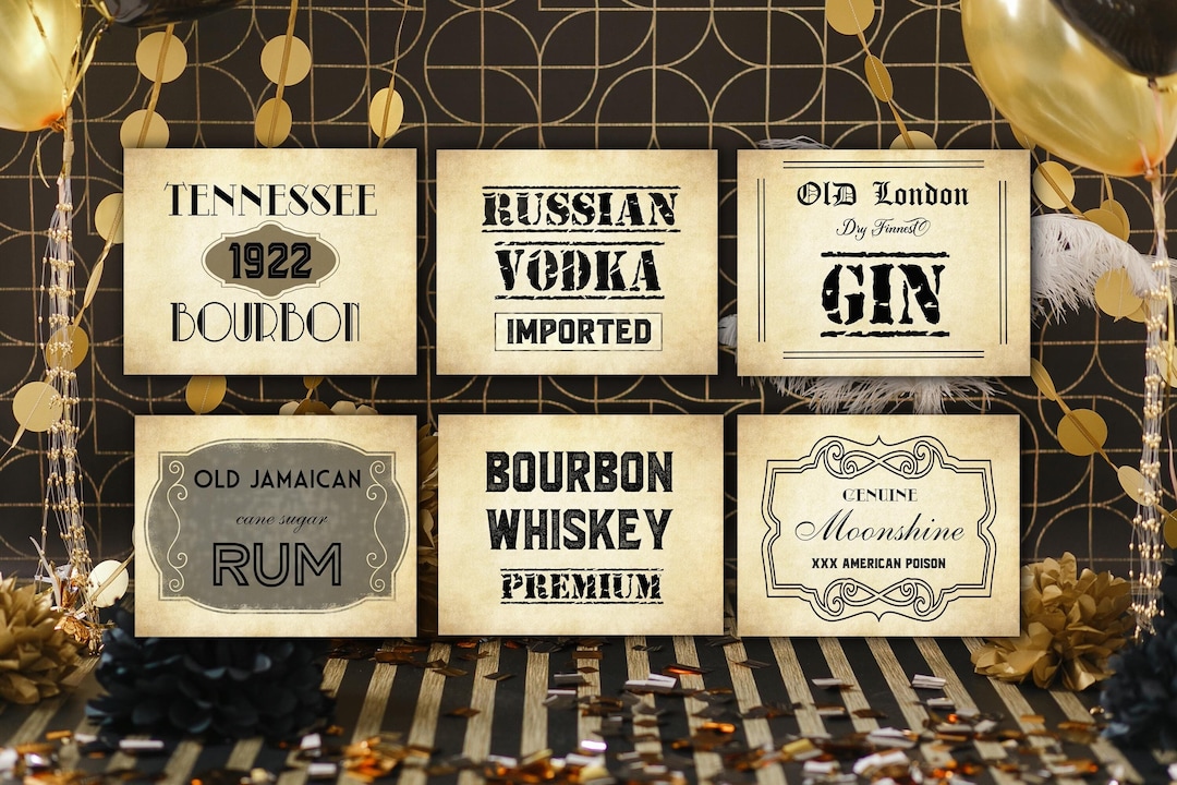 6 Prohibition Party Bootlegger Labels Set, Speakeasy Decoration ...