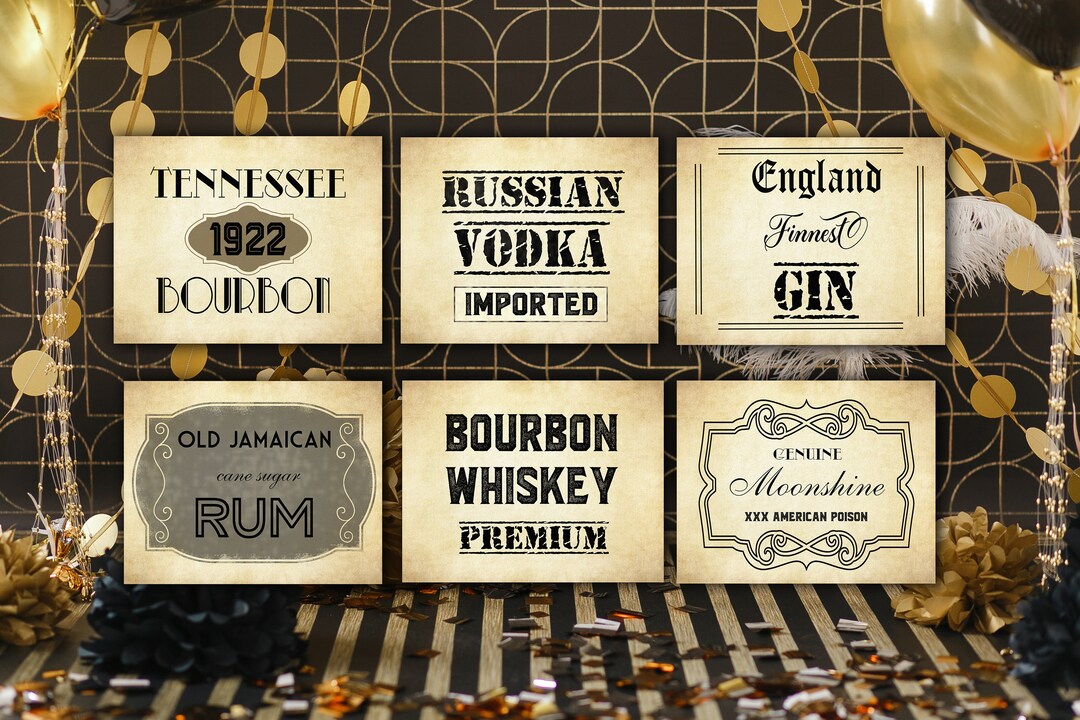 6 Prohibition Party Bootlegger Labels Set, Speakeasy Decoration ...