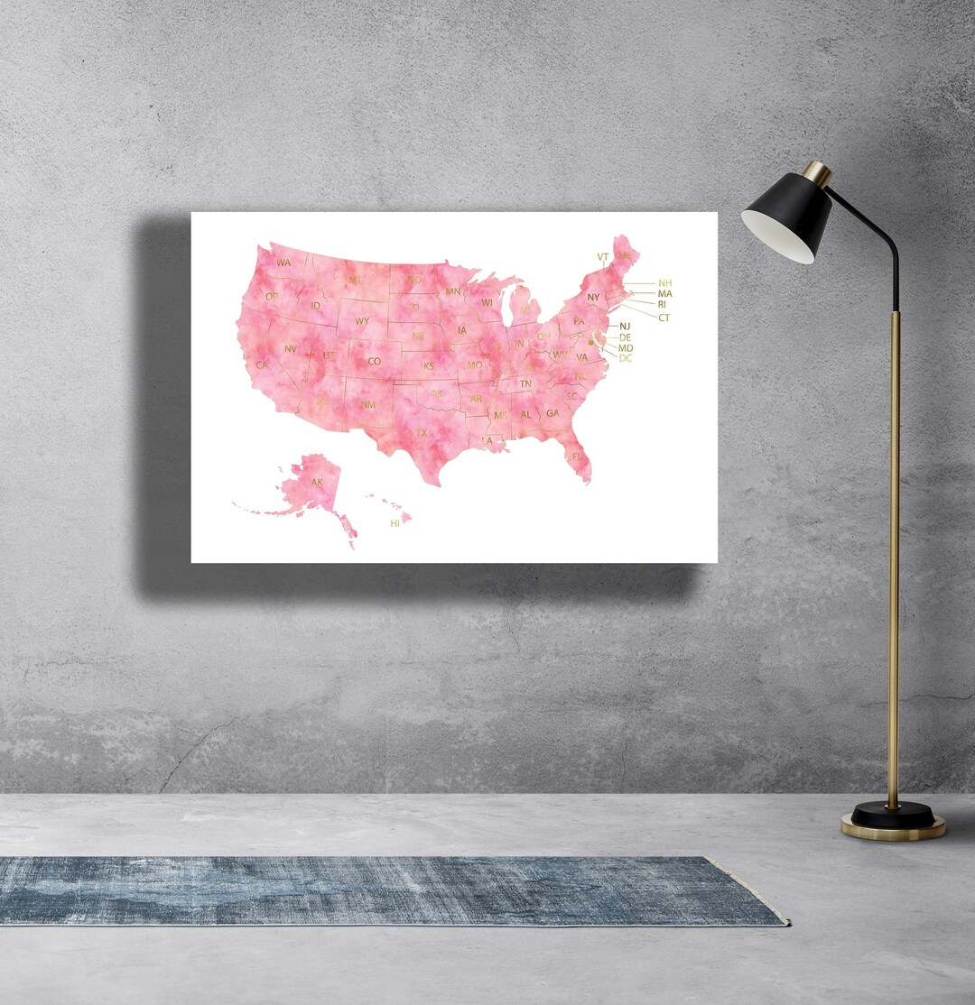Blush Pink USA Map: Gold State Names, Watercolor Art (digital Download ...