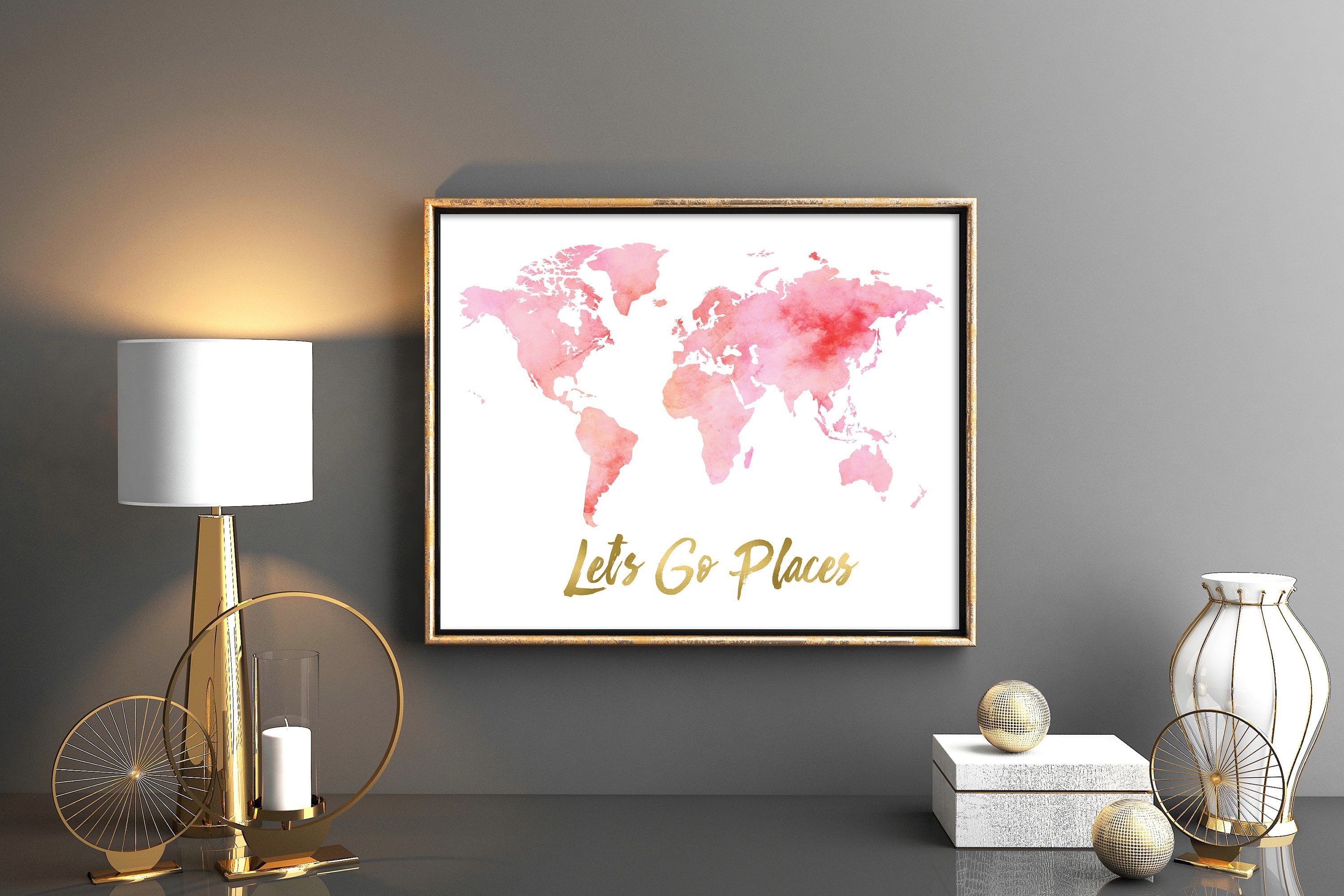 Mapa del mundo rosa, Acuarela Mapa del mundo rosa, Descarga digital del ...