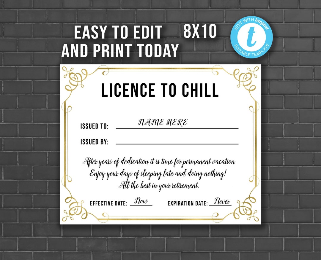 License to Chill Retirement Certificate: Editable Template (digital ...