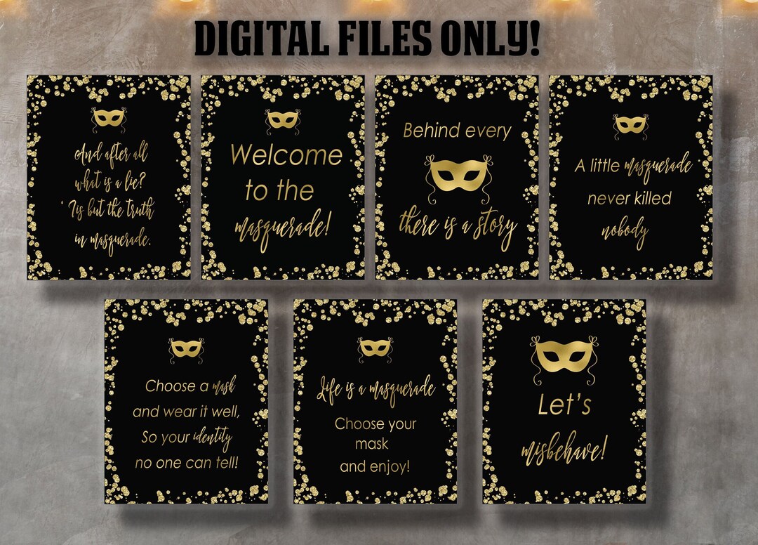 Masquerade Party Signs: Black & Gold Confetti Decor (digital Download ...