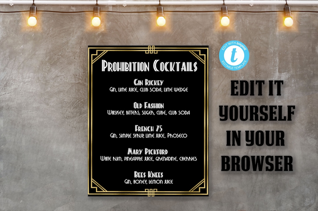 DIY Prohibition Cocktail Menu Template: Roaring 20s Party Decor ...