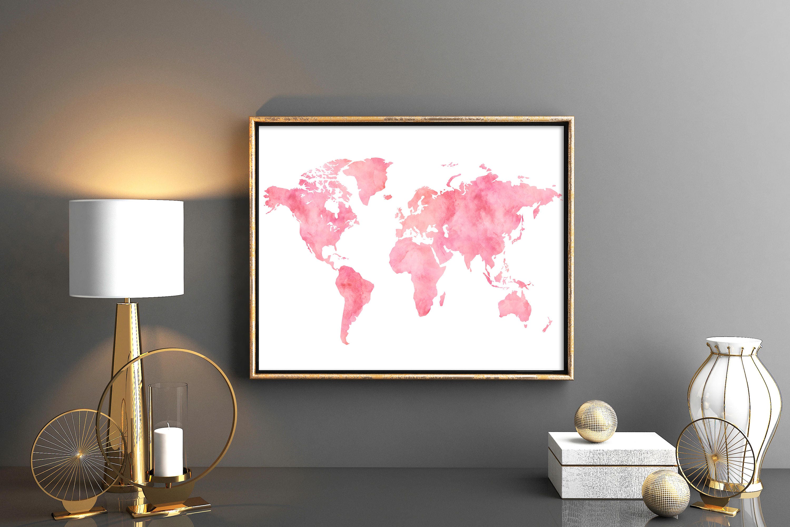 Blush Pink Watercolor World Map: Travel Home Decor (digital Download ...