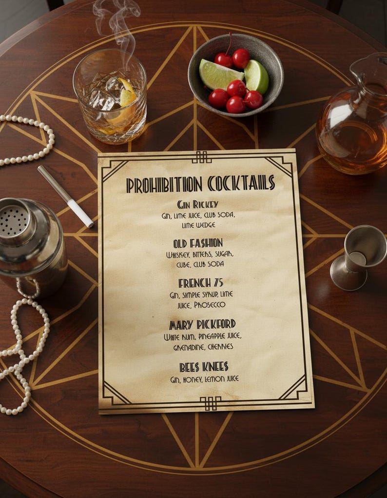 Prohibition Cocktail Menu: Art Deco Roaring 20s Party (printable ...