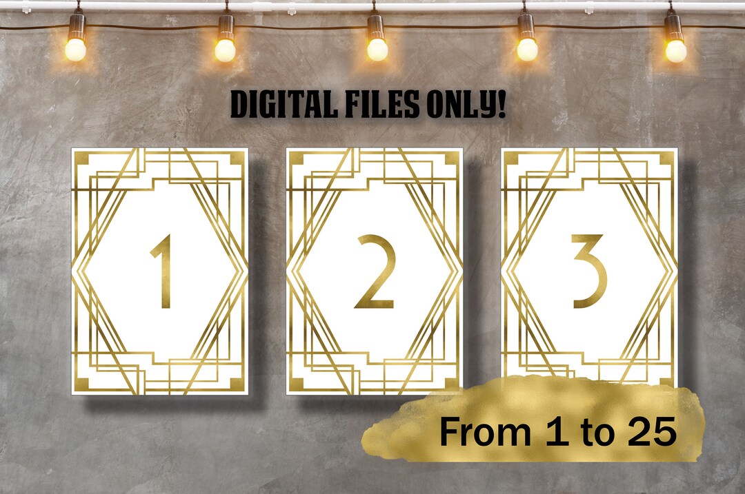 Great Gatsby Table Numbers 5x7, Gold and White 1-25 Table Numbers ...