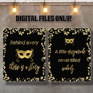 Masquerade Party Signs: Black & Gold Confetti Decor (digital Download ...