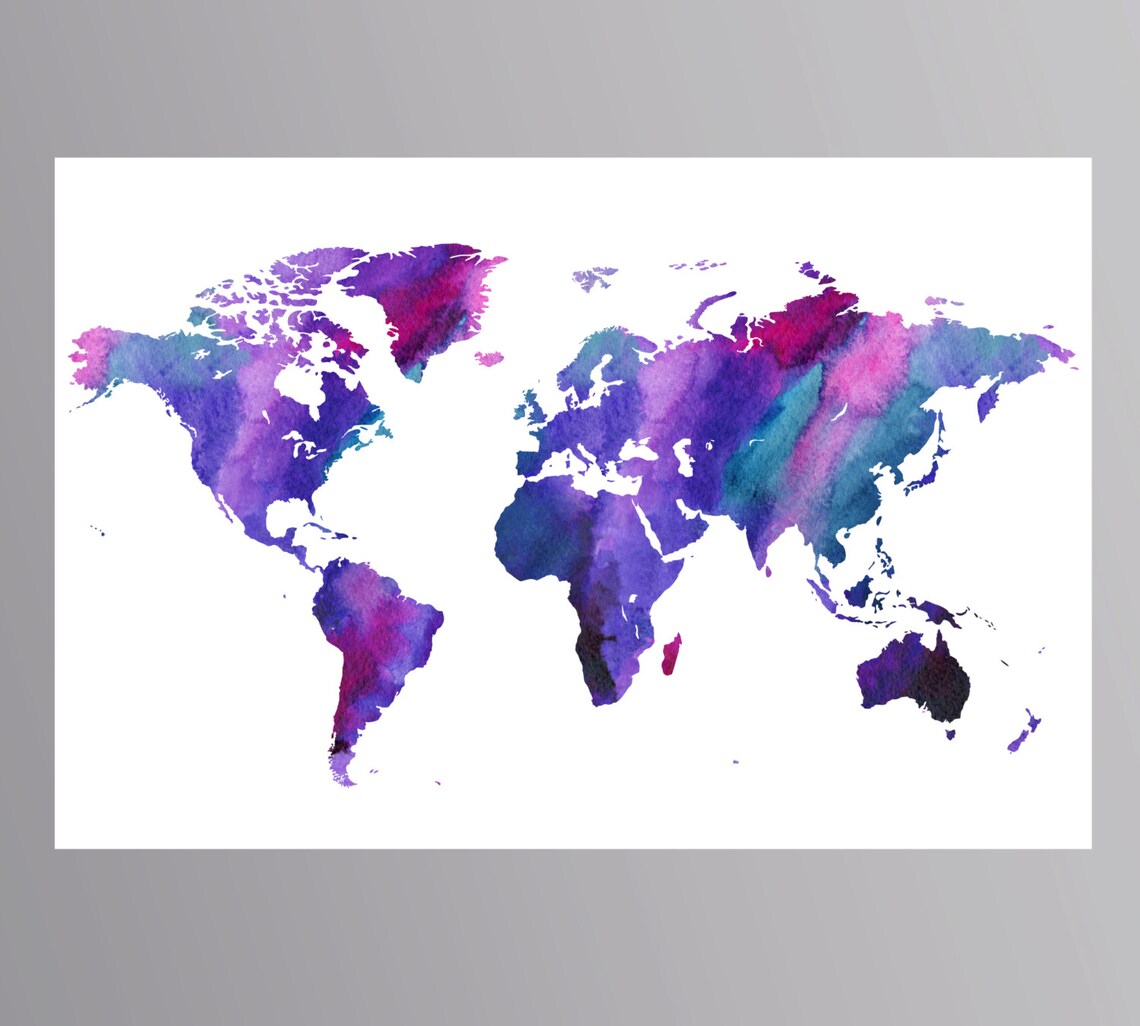 Large world map World map watercolor Iris purple world map | Etsy