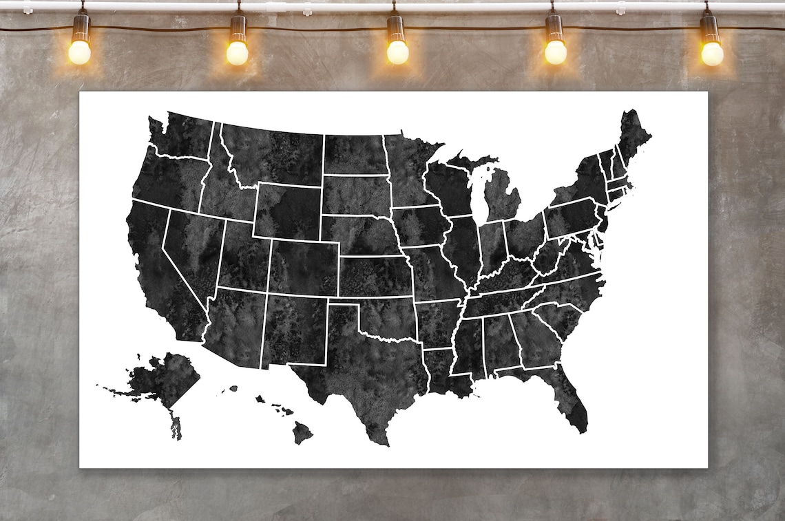 Large Map of United States Black and White United States Map - Etsy