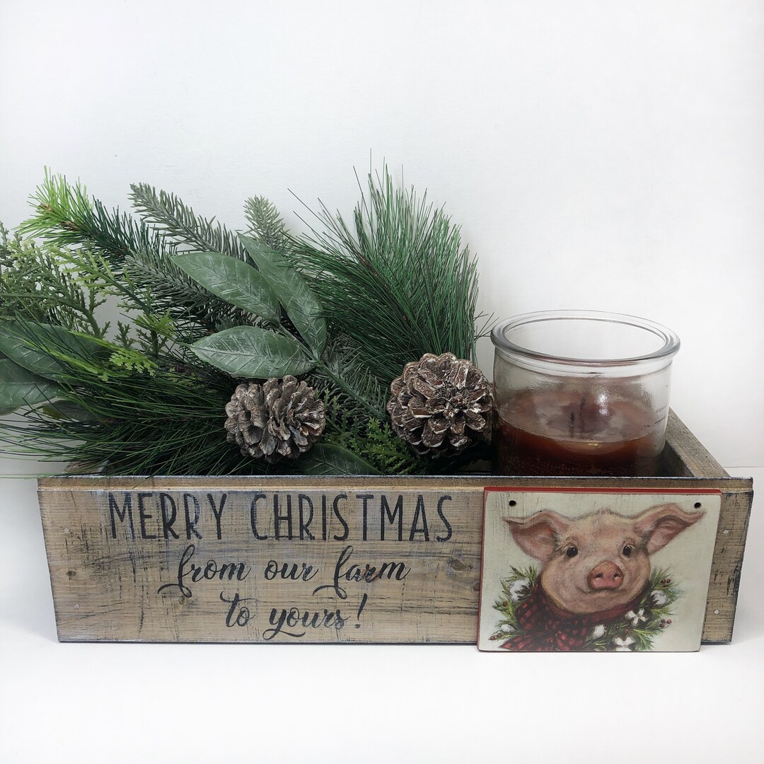 Christmas Card Holder Wood Box Pig, From Our Farm to Yours, Neighbor ...