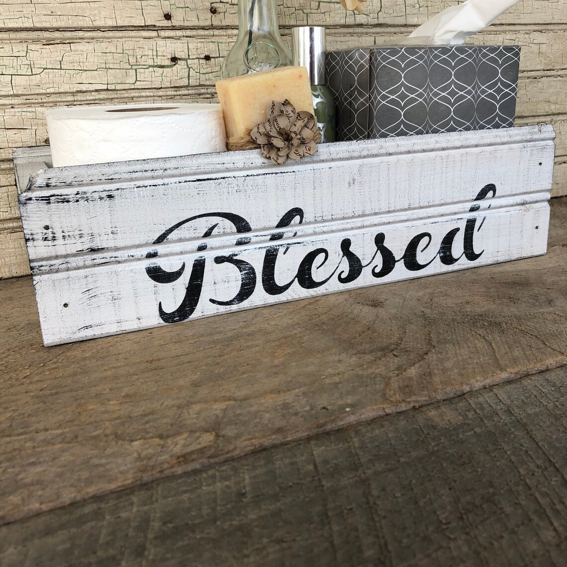 Blessed, Modern Farmhouse Style Distressed Wood Box, Table Centerpiece ...