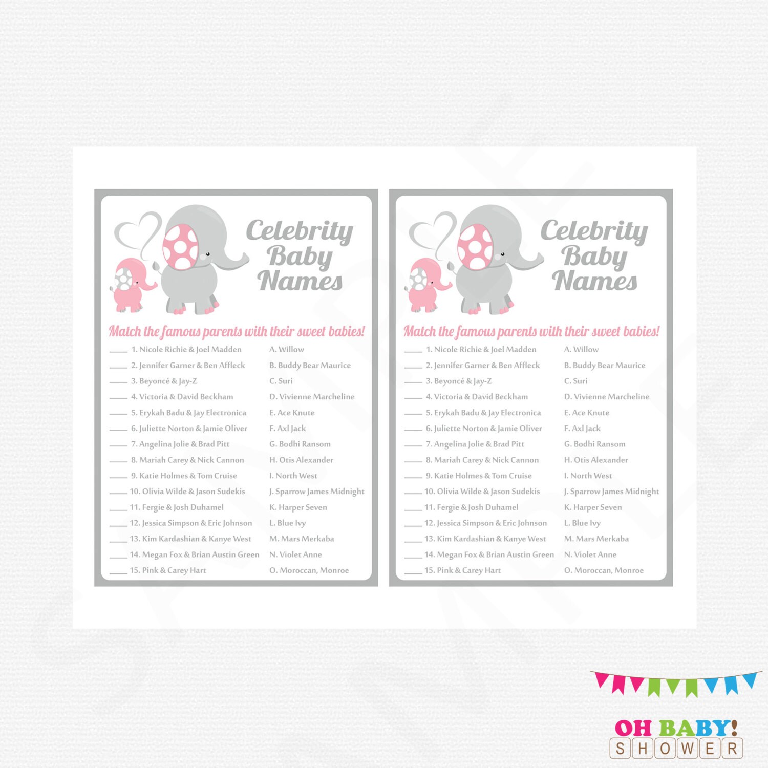 Elephant Baby Shower Games Celebrity Name Game Pink and - Etsy Canada
