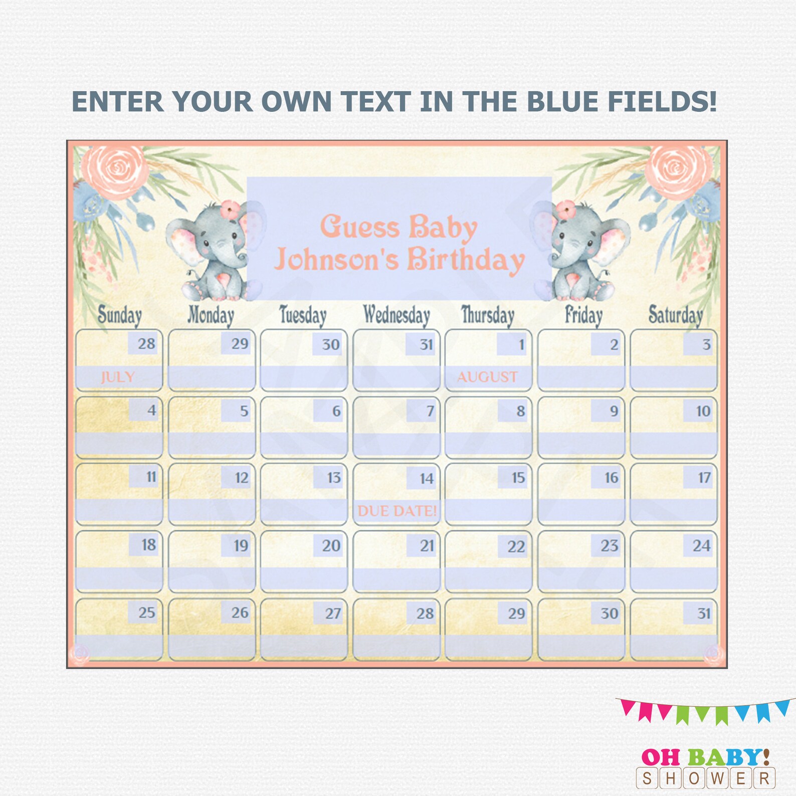Baby Due Date Calendar Elephant Baby Shower Girl Guess | Etsy