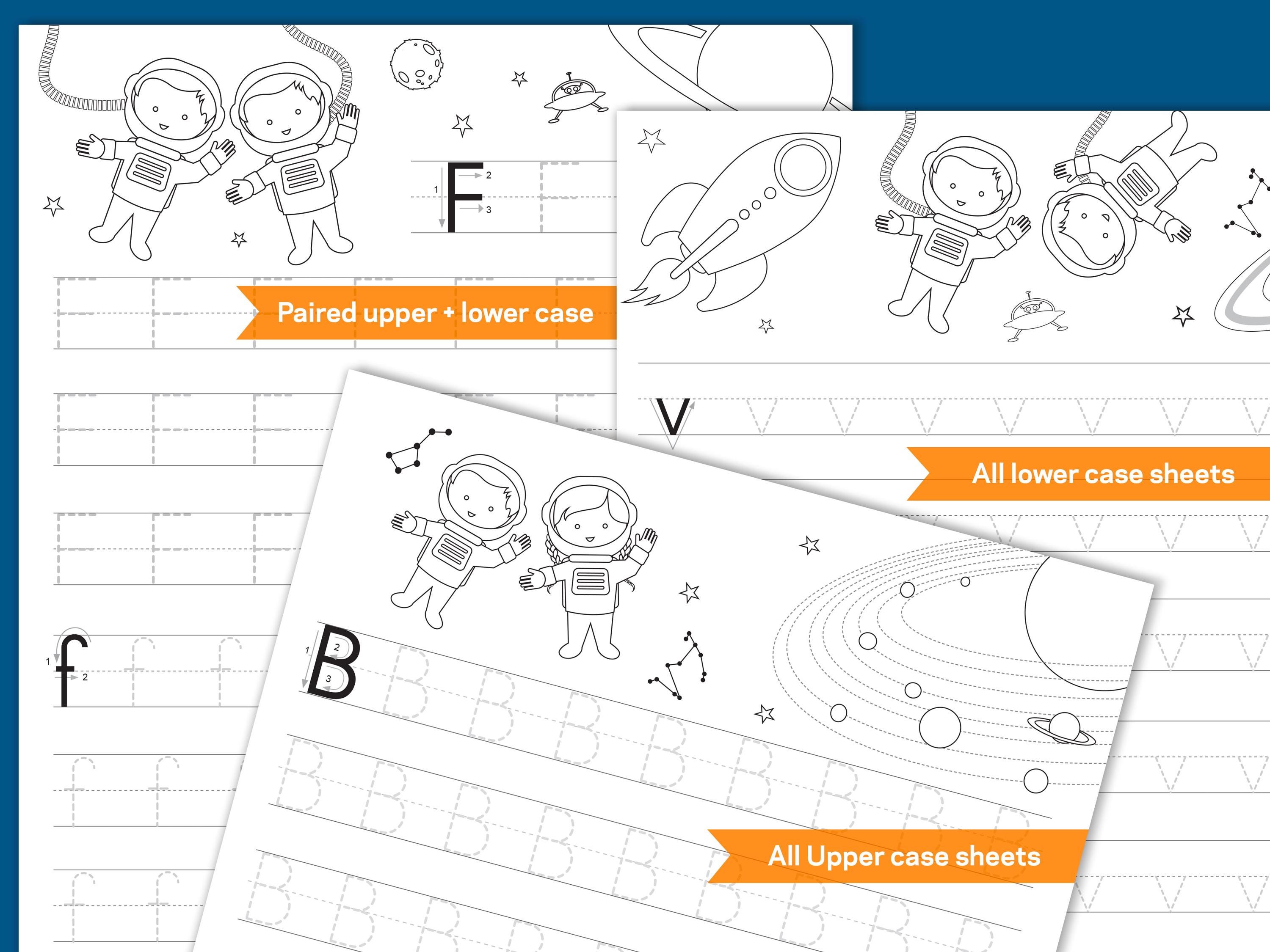 Rocket, Space, Astronaut, Solar System Tracing Alphabet Worksheets ...