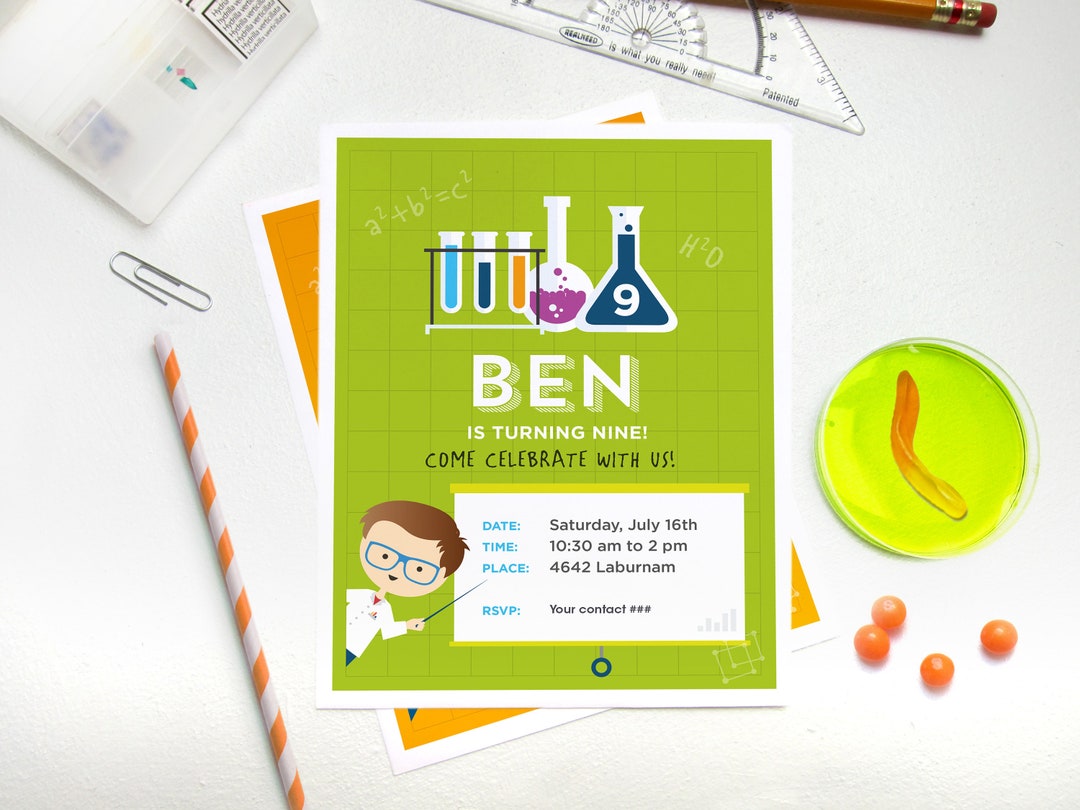 Science, STEM, Mad Scientist, Inventor, Boy's Birthday Invitations, Kid ...
