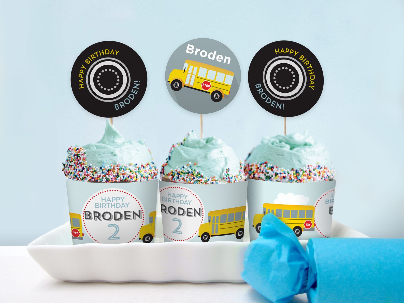 Bus, Wheels on the Bus, School Bus, Kid's Birthday Cupcake Wrappers and ...