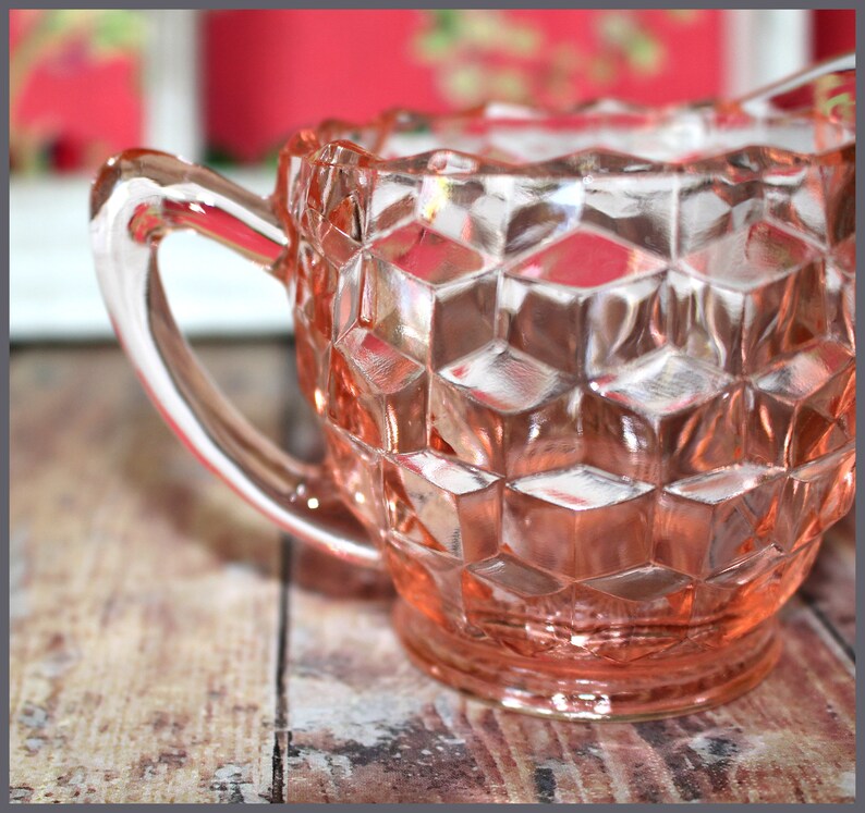 Jeannette Pink Depression Cream and Sugar Glass Set, Cubist Cube ...
