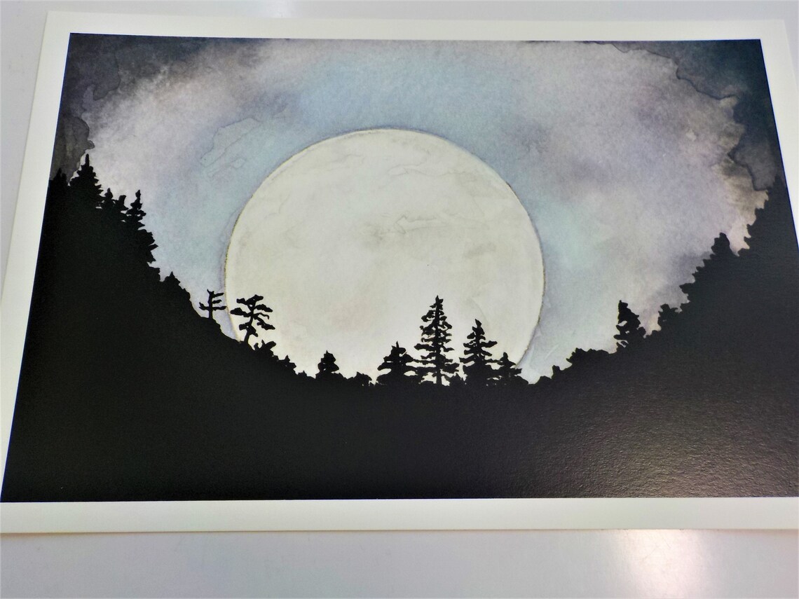 Watercolor Print of Moon Through the Trees, Moon Art, Forest Art, Fall ...