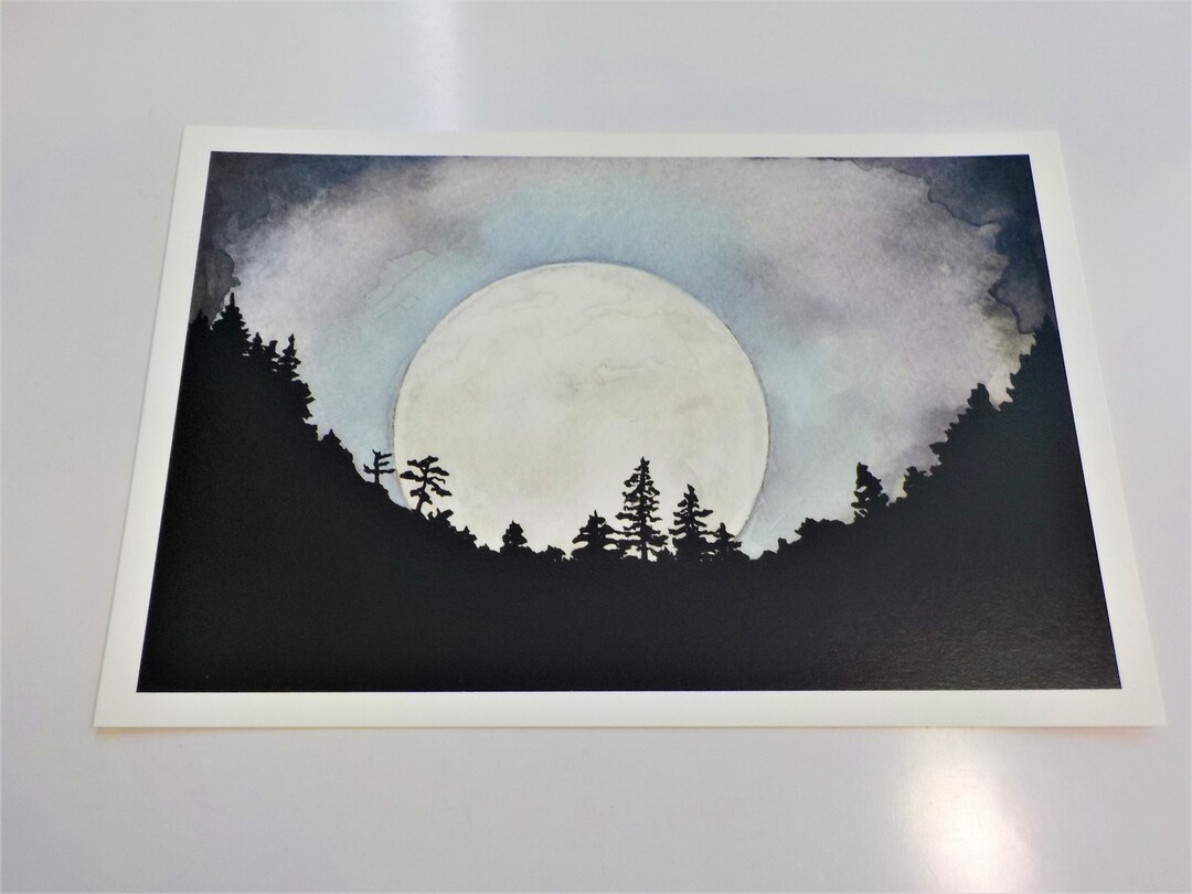 Watercolor Print of Moon Through the Trees, Moon Art, Forest Art, Fall ...