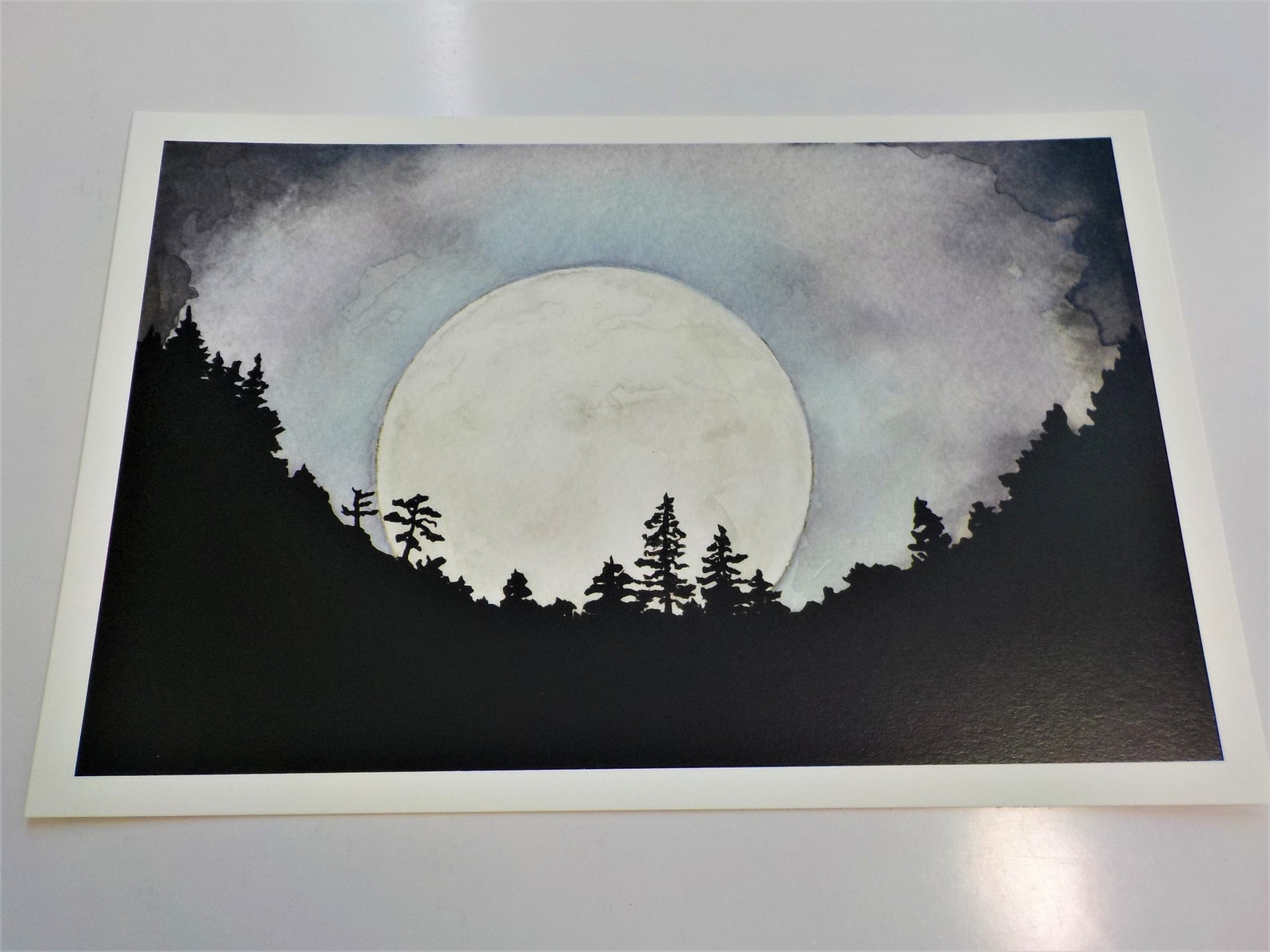 Watercolor Print of Moon Through the Trees, Moon Art, Forest Art, Fall ...