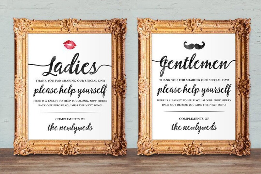 Wedding Bathroom Basket Signs - Womens and Mens Hospitality Basket ...