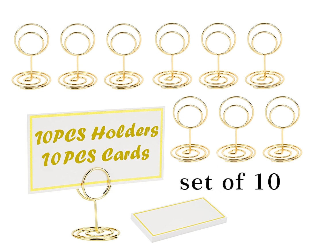10 Pcs Gold Place HOLDER + CARDS, Round Metal Wedding Name Card Stand ...