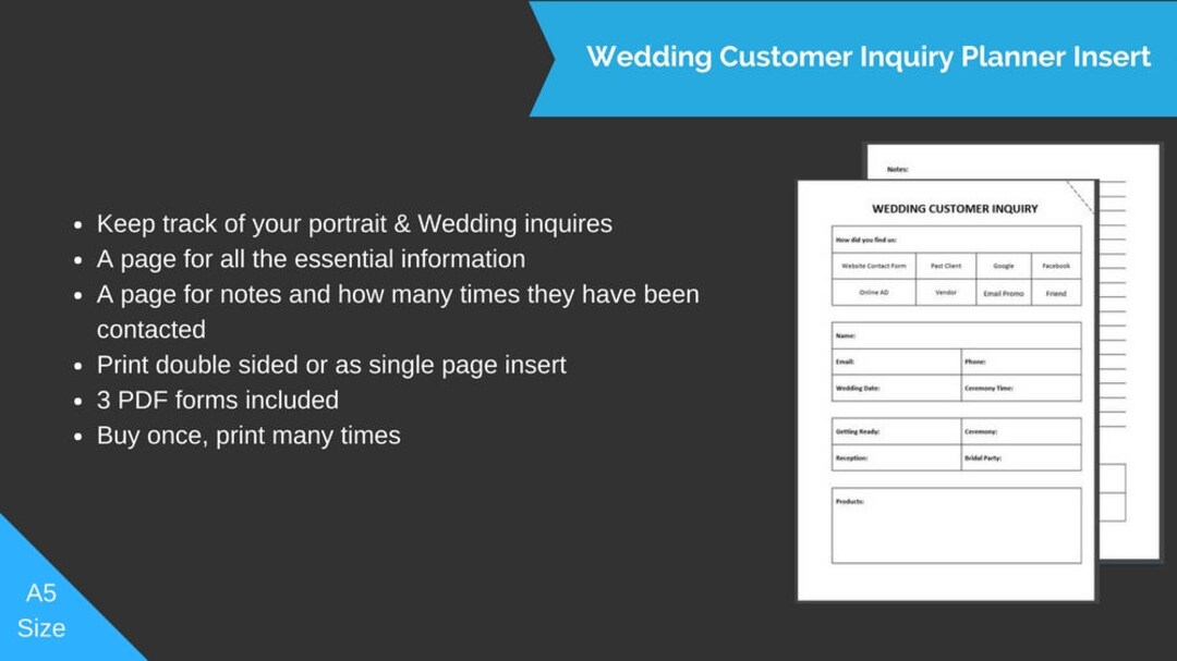 Wedding Customer Inquiry Planner Inserts for A5 Size Planners Digital ...