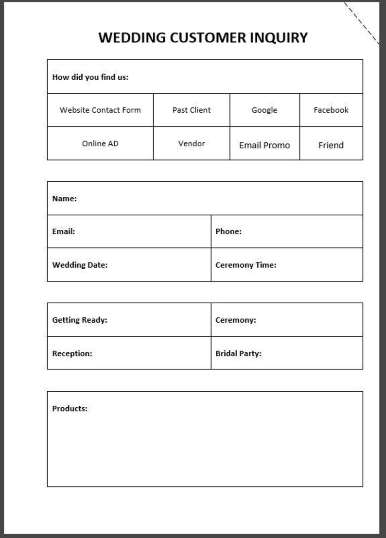 Portrait & Wedding Customer Inquiry Planner Inserts A5 Size Planners ...