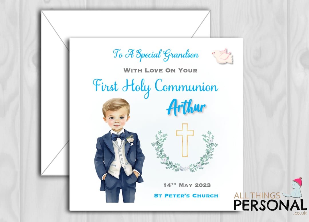 Boys First Holy Communion Card Personalised for Grandson Son Godson ...