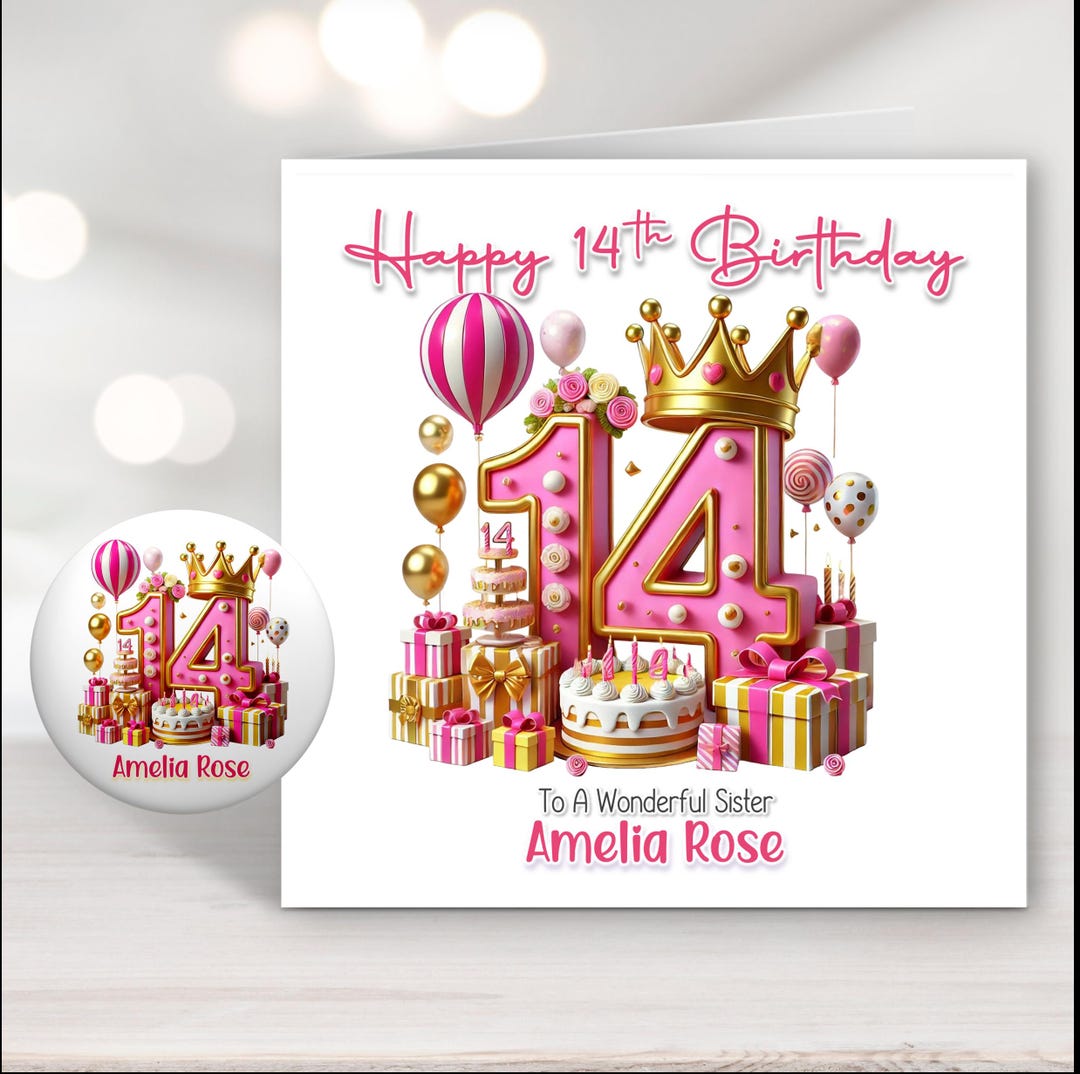 Pink 14th Birthday Card With Matching Badge Girls Personalised Daughter ...