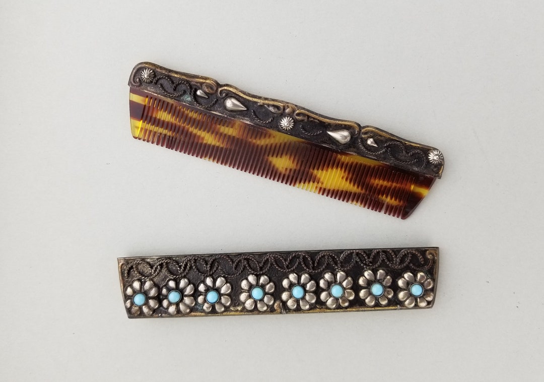 Antique Silver Tortoise Shell Comb and Case Adorned With Flowers and ...