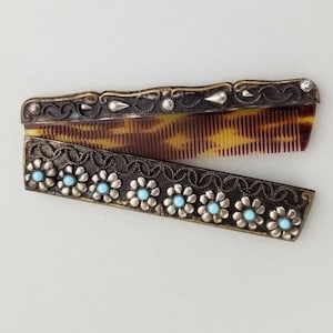 Antique Silver Tortoise Shell Comb and Case Adorned With Flowers and ...