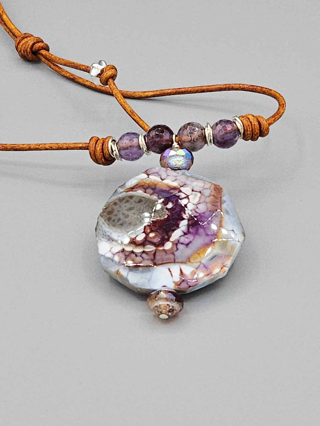 Faceted Purple With White Fire Agate Double Sided Pendant on Light ...