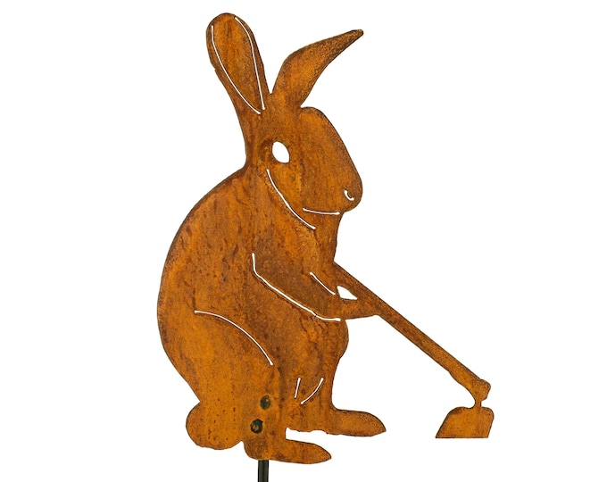 Rabbit Gardening With Hoe Garden Stake, Bunny Metal Garden Decor, Cute ...