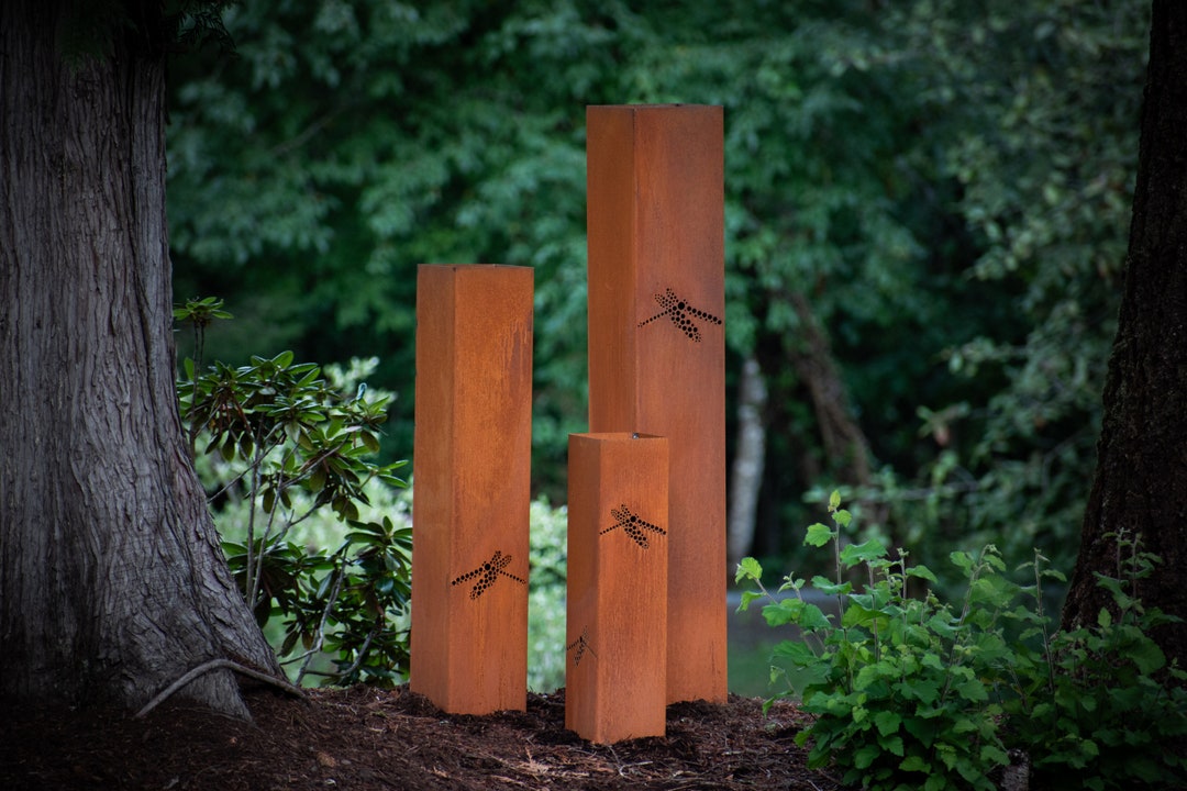Dragonfly Garden Column, Landscape Art, Planter, Lighting Box, Metal ...