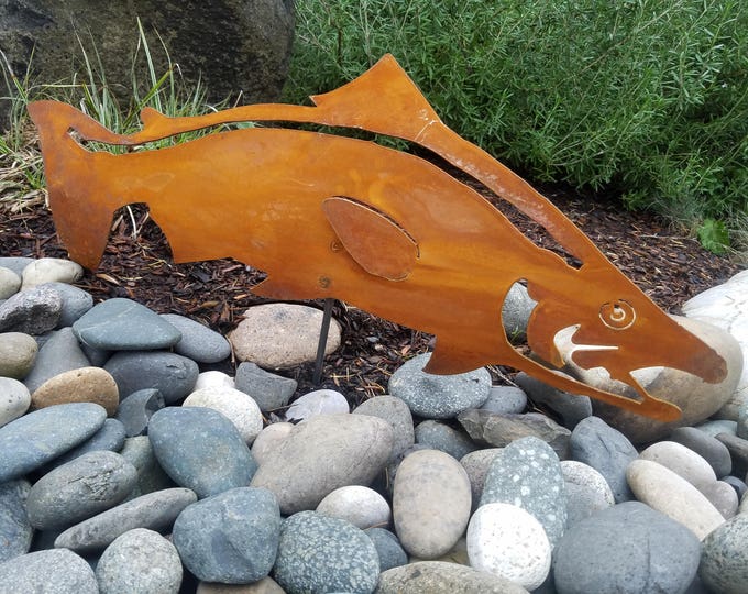 Swimming Salmon Fish Stake Outdoor Metal Fish Art Garden Stake Lawn or ...