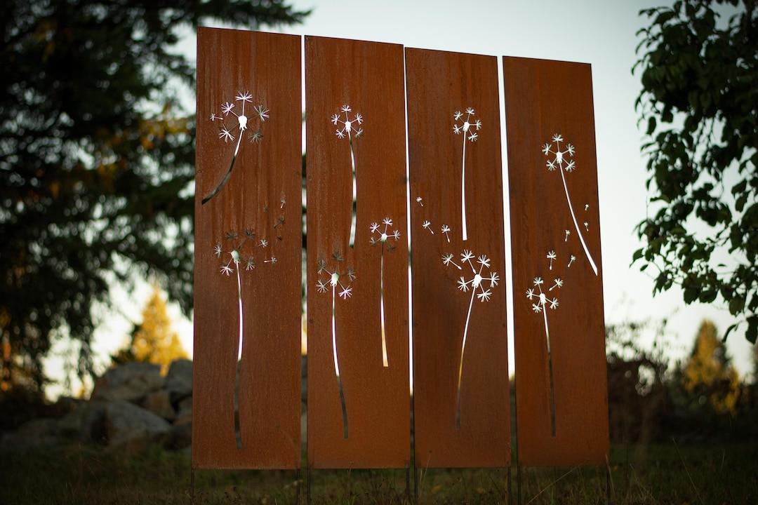 Dandelion Panel, Rusty Privacy Screen, Garden Panel, 12" X 48'', Garden ...